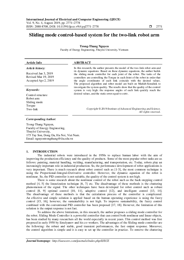 Pdf Sliding Mode Control Based System For The Two Link Robot Arm