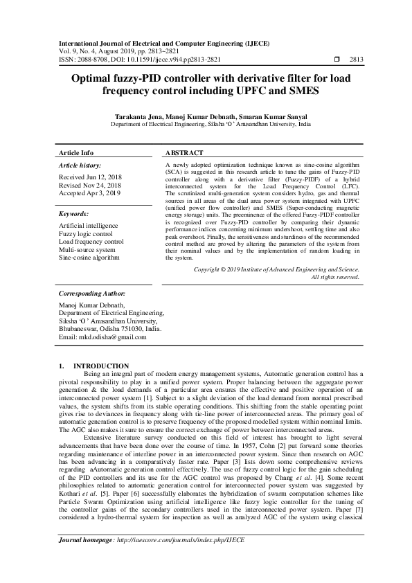 Pdf Optimal Fuzzy Pid Controller With Derivative Filter For Load Frequency Control Including