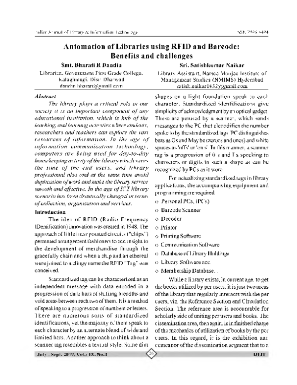 (PDF) Automation of Libraries using RFID and Barcode: Benefits and ...