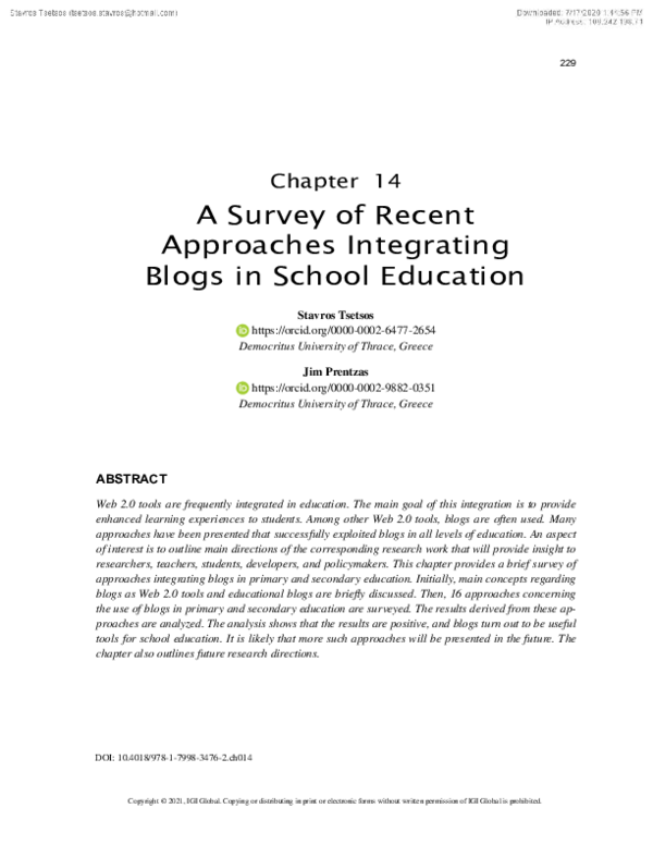 (PDF) A Survey of Recent Approaches Integrating Blogs in School Education