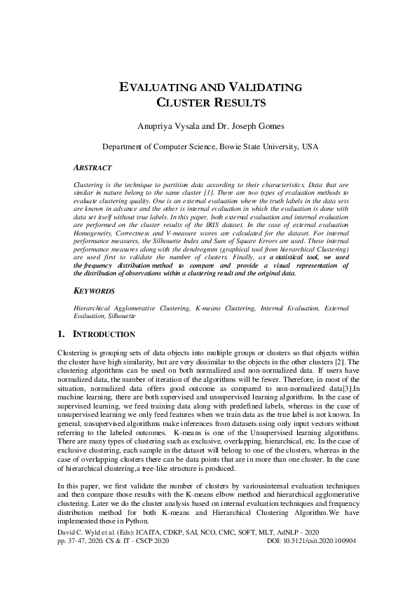 (PDF) EVALUATING AND VALIDATING CLUSTER RESULTS