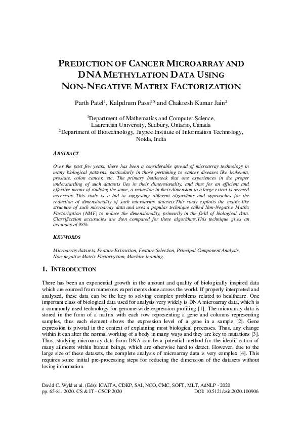 (PDF) PREDICTION OF CANCER MICROARRAY AND DNA METHYLATION DATA USING NON-NEGATIVE MATRIX ...