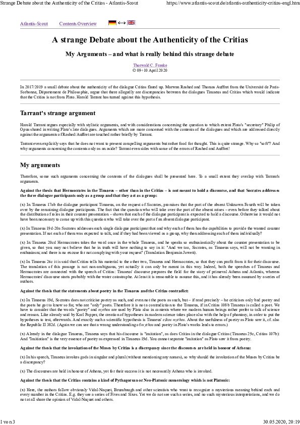 (PDF) A strange Debate about the Authenticity of the Critias