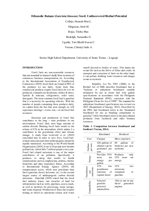 (PDF) Ethanolic Batuan (Garcinia binucao) Seed: Undiscovered Biofuel Potential