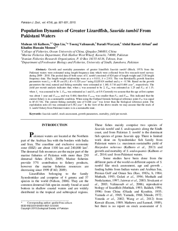(PDF) Population Dynamics of Greater Lizardfish, Saurida tumbil From ...