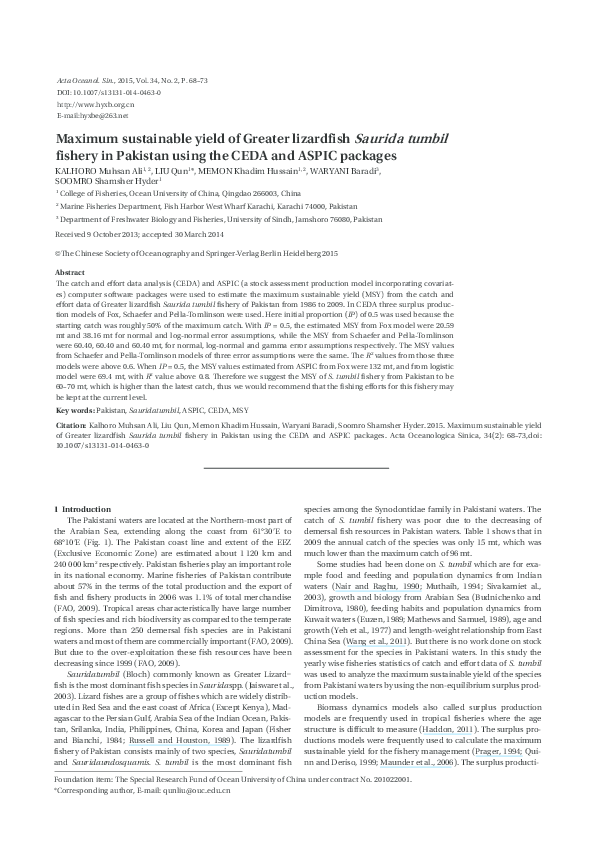 (PDF) Maximum sustainable yield of Greater lizardfish Saurida tumbil ...