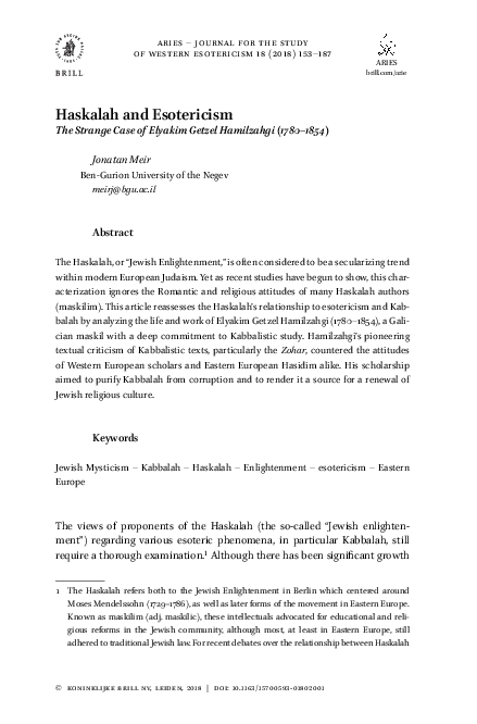 (PDF) 'Haskalah and Esotericism: The Strange Case of Elyakim Getzel ...