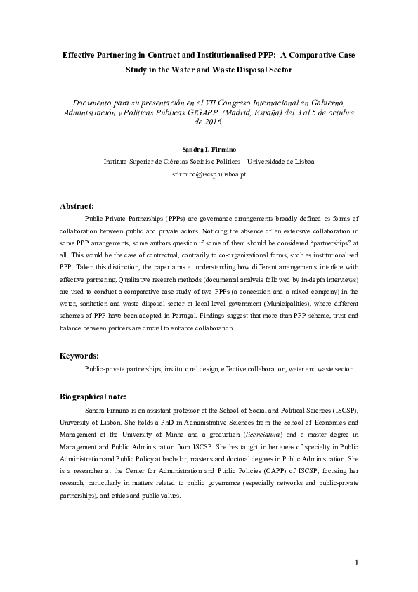 (PDF) Effective Partnering in Contract and Institutionalised PPP: a ...
