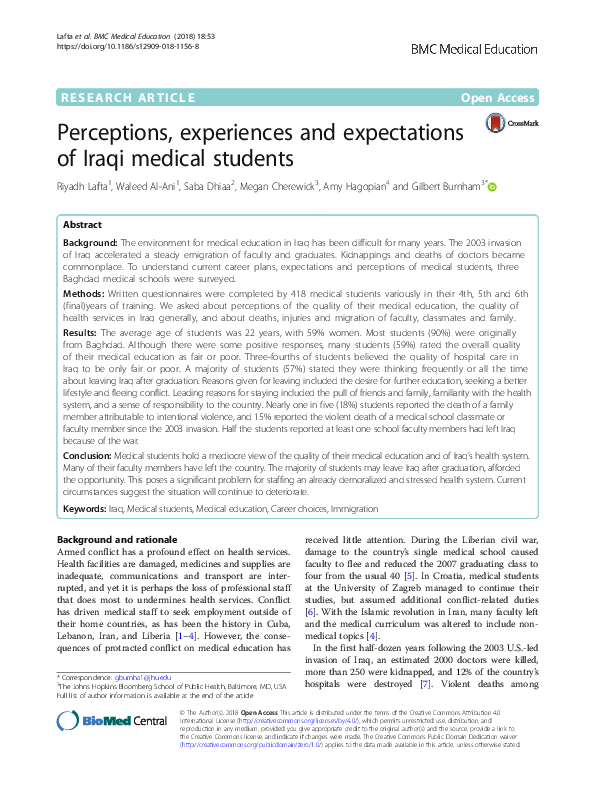 (PDF) 2018: Perceptions, experiences and expectations of Iraqi medical ...