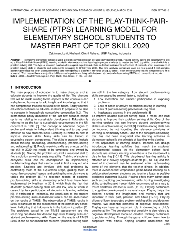 (PDF) IMPLEMENTATION OF THE PLAY-THINK-PAIR- SHARE (PTPS) LEARNING MODEL FOR ELEMENTARY SCHOOL ...