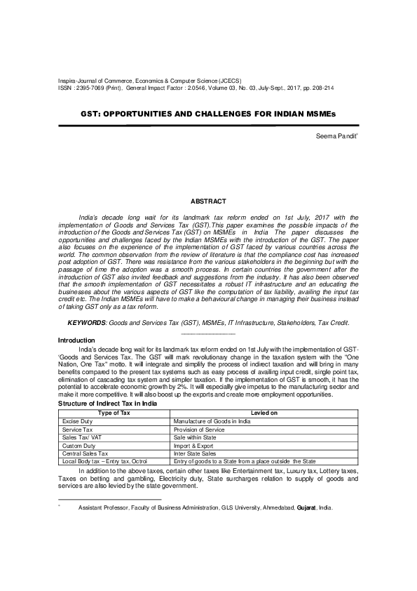(PDF) GST: OPPORTUNITIES AND CHALLENGES FOR INDIAN MSMEs