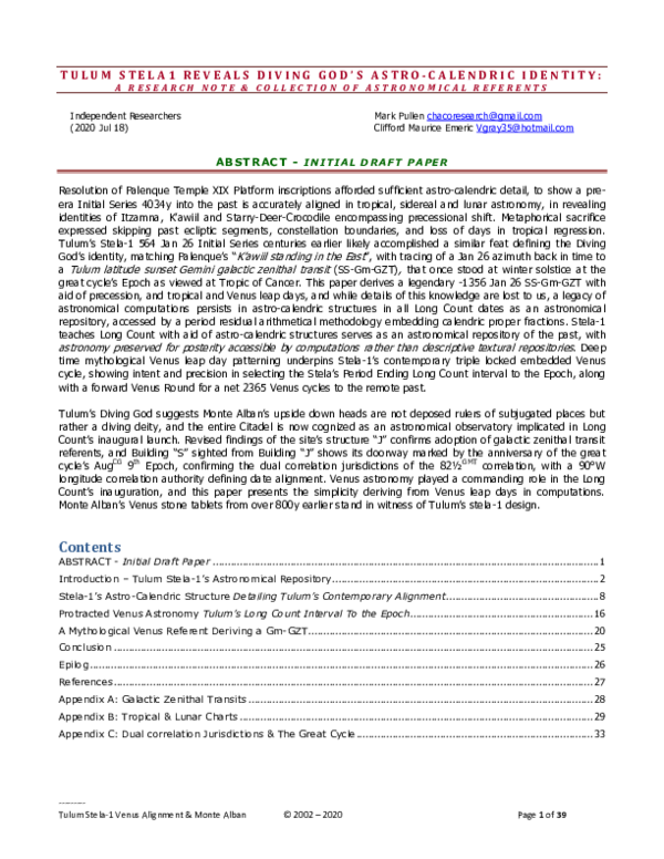 (PDF) Tulum Stela-1 Reveals Diving God's Astro-Calendric Identity
