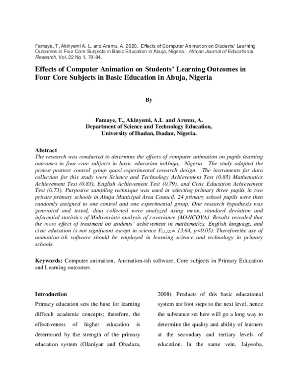 (PDF) Effects of Computer Animation on Students' Learning Outcomes in ...