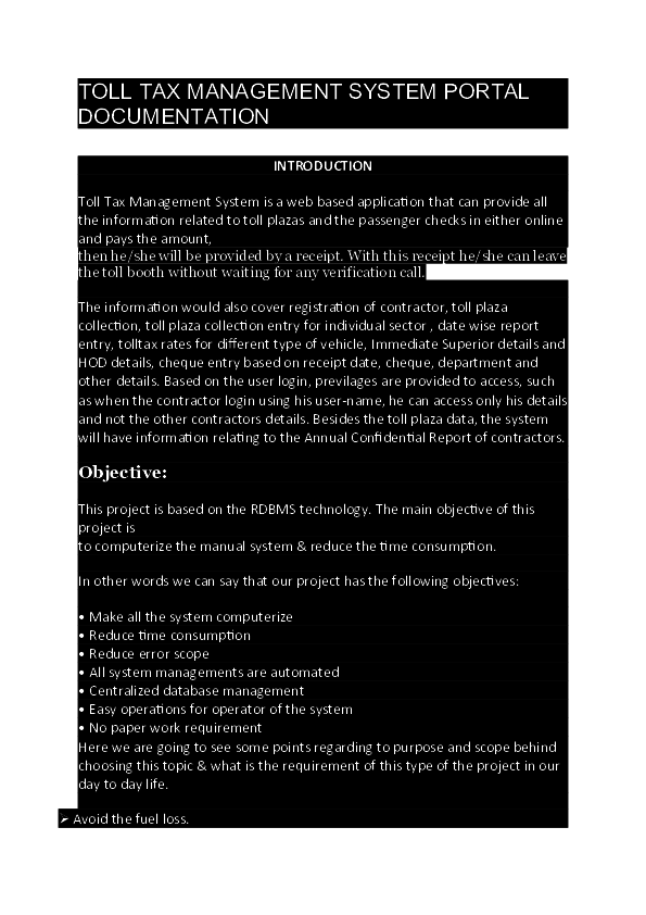 (DOC) TOLL TAX MANAGEMENT SYSTEM PORTAL DOCUMENTATION