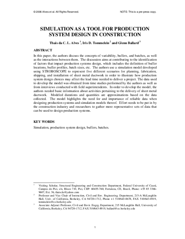 (PDF) Simulation as Atool for Production System Design in Construction