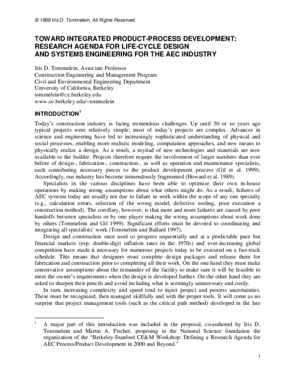 (PDF) Toward Integrated Product-Process Development: Research Agenda for Life-Cycle Design and ...
