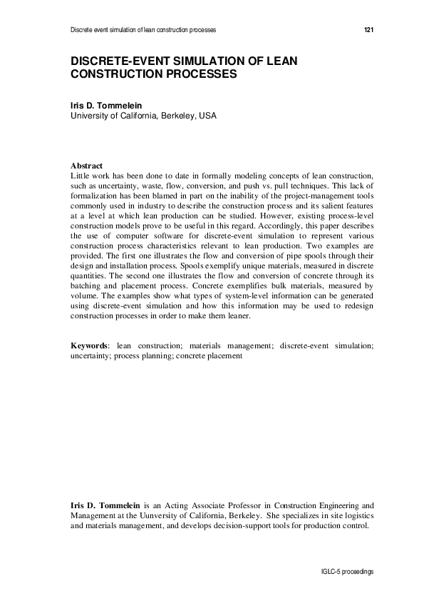 Pdf Discrete Event Simulation Of Lean Construction Processes