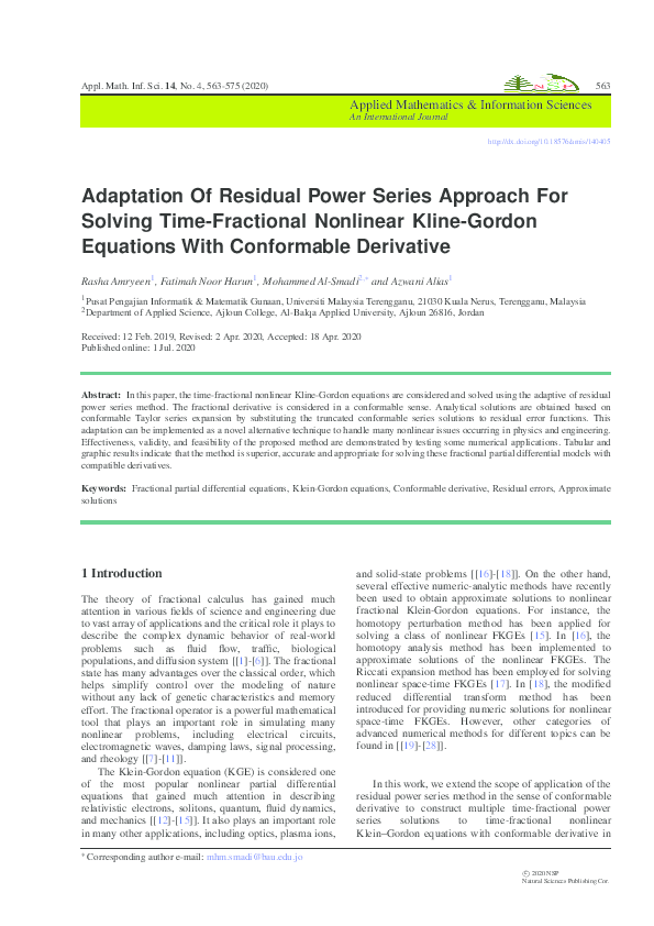 Pdf Adaptation Of Residual Power Series Approach For Solving Time Fractional Nonlinear Kline