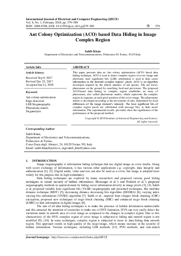 (PDF) Ant Colony Optimization (ACO) based Data Hiding in Image Complex Region