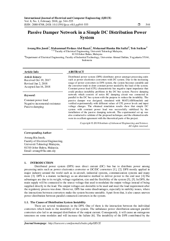 (PDF) Passive Damper Network in a Simple DC Distribution Power System