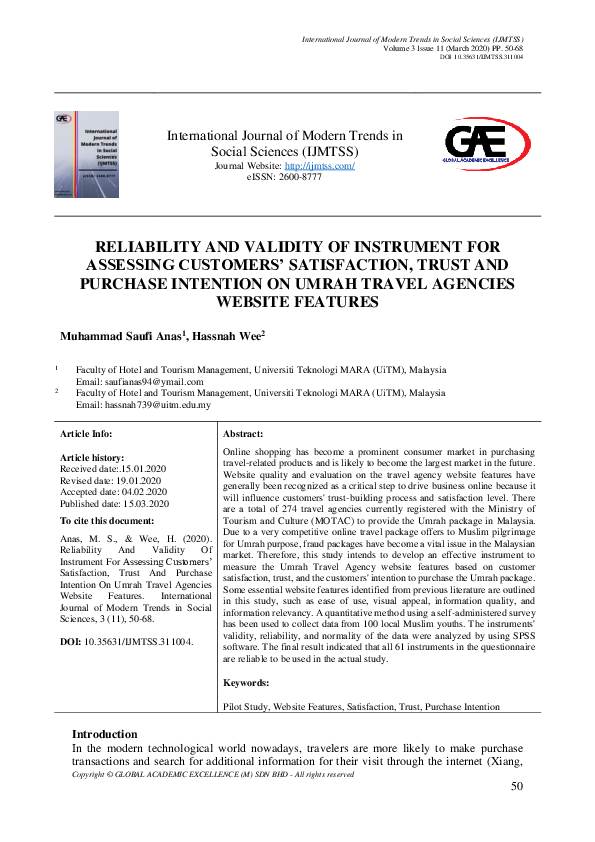 (PDF) RELIABILITY AND VALIDITY OF INSTRUMENT FOR ASSESSING CUSTOMERS' SATISFACTION, TRUST AND ...