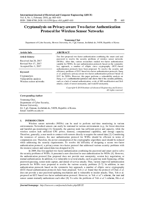 (PDF) Cryptanalysis on Privacy-aware Two-factor Authentication Protocol for Wireless Sensor Networks