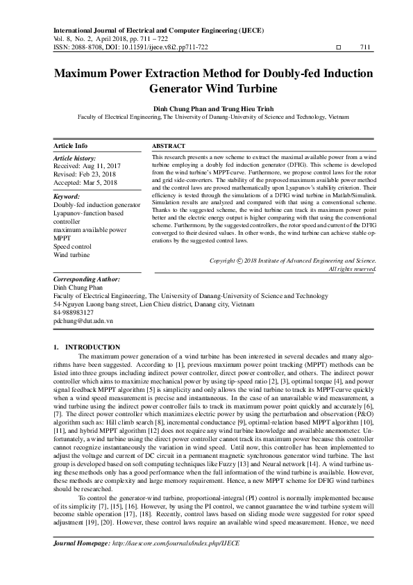 Pdf Maximum Power Extraction Method For Doubly Fed Induction