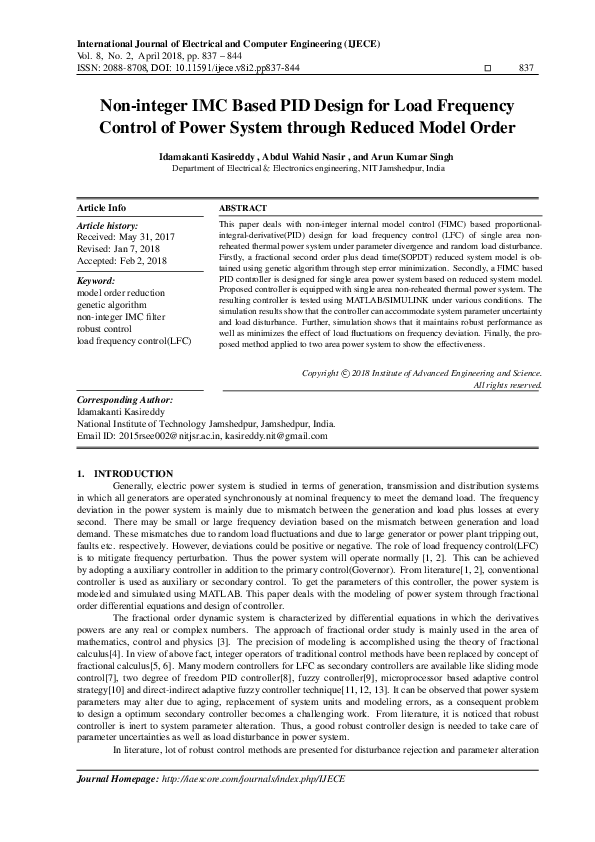 Pdf Non Integer Imc Based Pid Design For Load Frequency Control Of Power System Through 