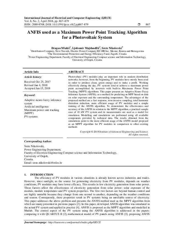Pdf Anfis Used As A Maximum Power Point Tracking Algorithm For A