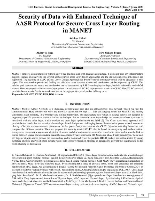 Pdf Security Of Data With Enhanced Technique Of Aasr Protocol For Secure Cross Layer Routing