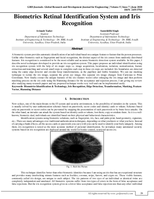 (PDF) Biometrics Retinal Identification System and Iris Recognition | GRD JOURNALS - Academia.edu