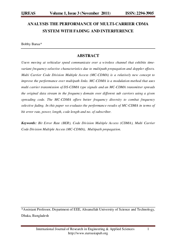 (PDF) ANALYSIS THE PERFORMANCE OF MULTI-CARRIER CDMA SYSTEM WITH FADING ...
