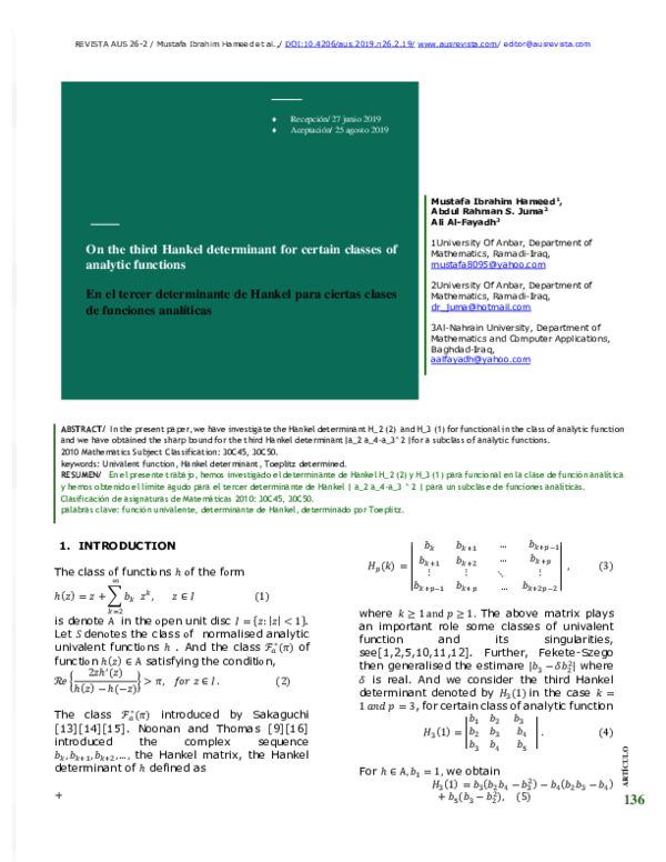 Pdf On The Third Hankel Determinant For Certain Classes Of Analytic