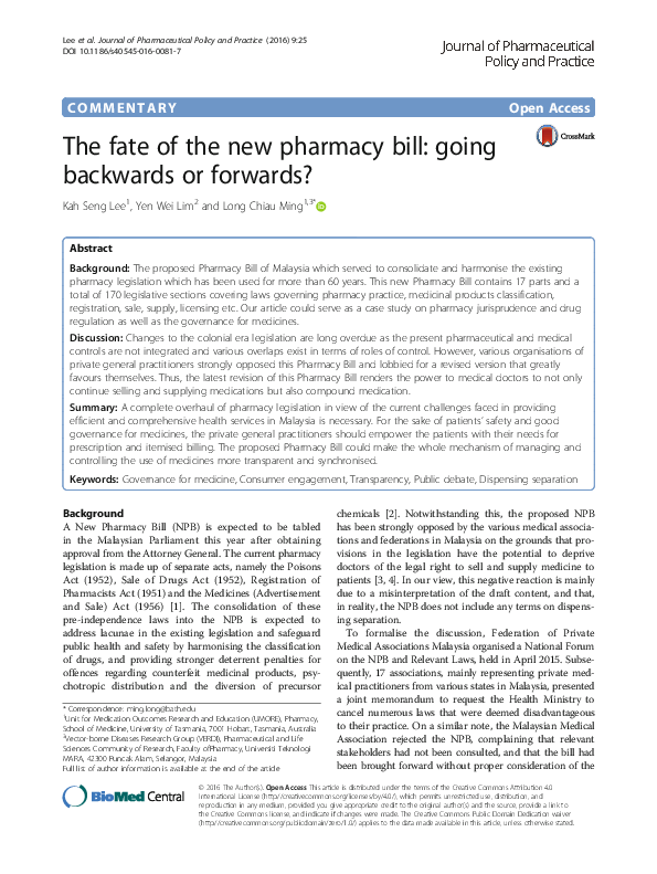 (PDF) The fate of the new pharmacy bill: going backwards or forwards?