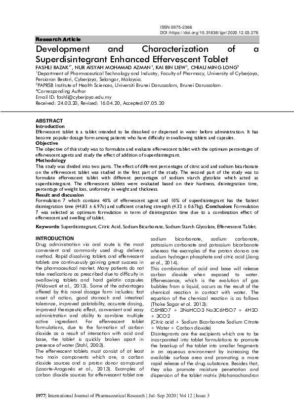 (PDF) Development and Characterization of a Superdisintegrant Enhanced ...