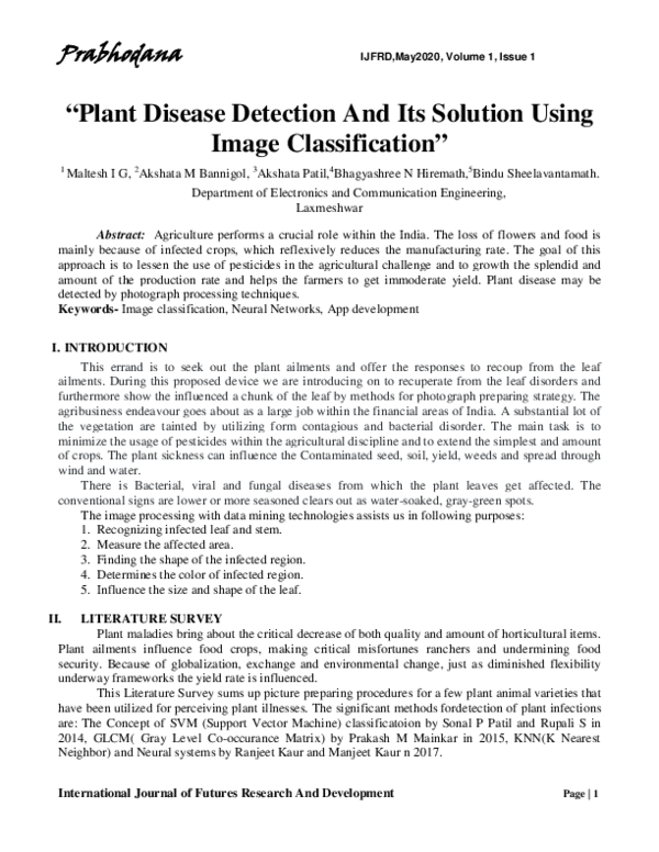 (PDF) "Plant Disease Detection And Its Solution Using Image Classification"