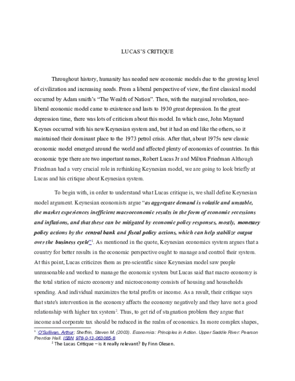 (DOC) LUCAS CRITIQUE AND RATIONAL EXPECTATIONS THEORY