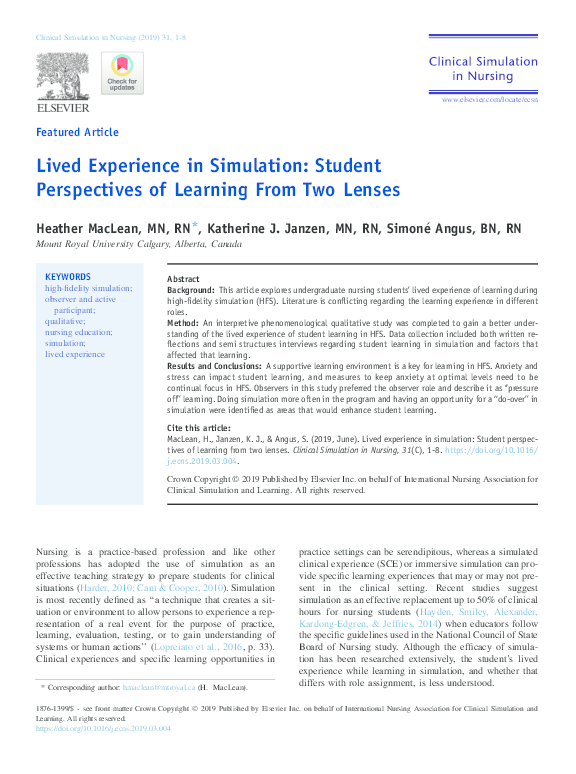 (PDF) Lived Experience in Simulation: Student Perspectives of Learning From Two Lenses