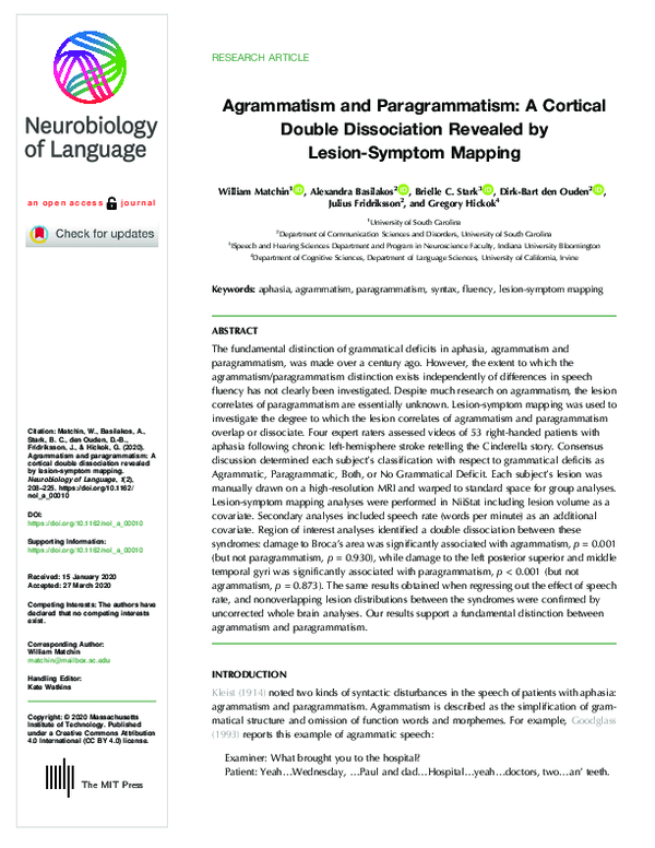 (PDF) Agrammatism and Paragrammatism: A Cortical Double Dissociation ...