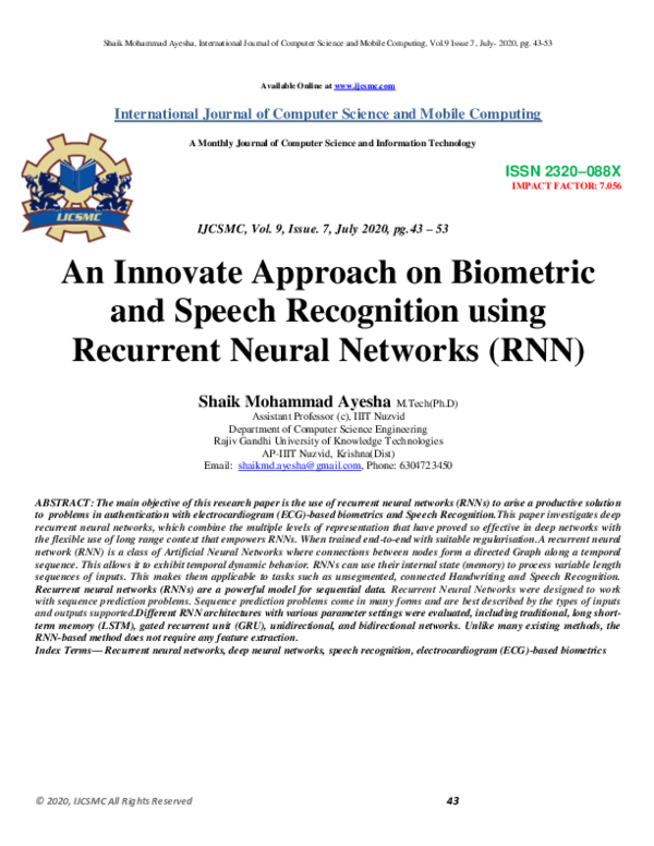 (PDF) An Innovate Approach on Biometric and Speech Recognition using Recurrent Neural Networks ...