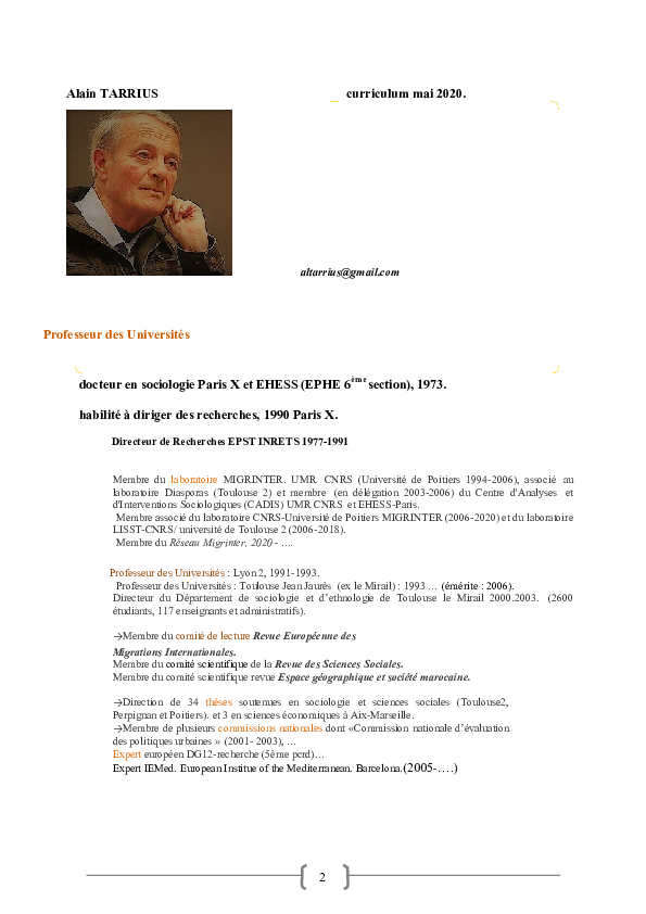 Alain TARRIUS curriculum juillet 2020