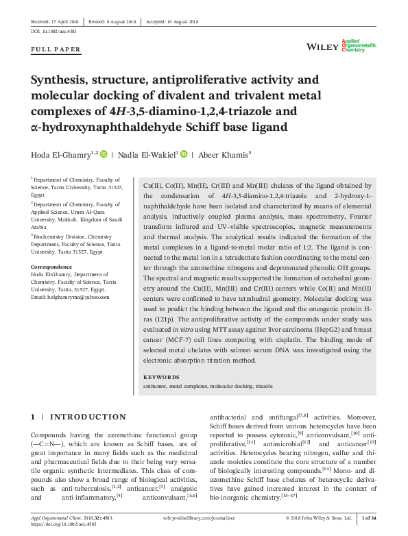 (PDF) Synthesis, structure, antiproliferative activity and molecular docking of divalent and ...
