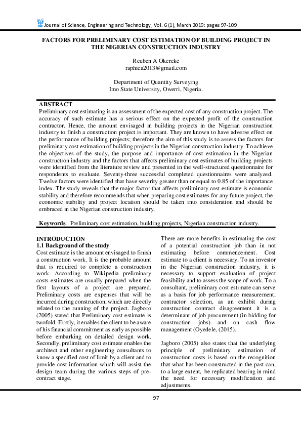 Pdf Factors For Preliminary Cost Estimation Of Building Project In The Nigerian Construction