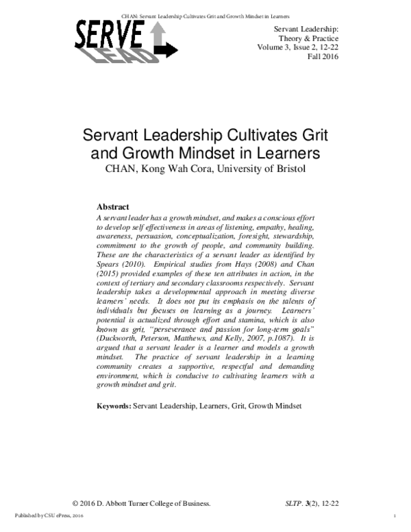 (PDF) Servant Leadership Cultivates Grit and Growth Mindset in Learners