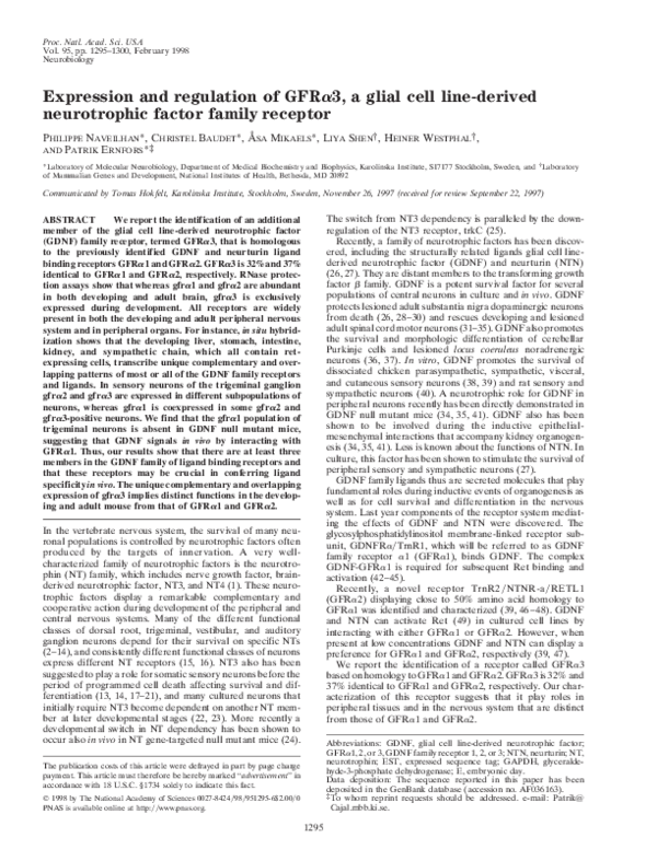 (PDF) Expression and regulation of GFR␣3, a glial cell line-derived neurotrophic factor family ...