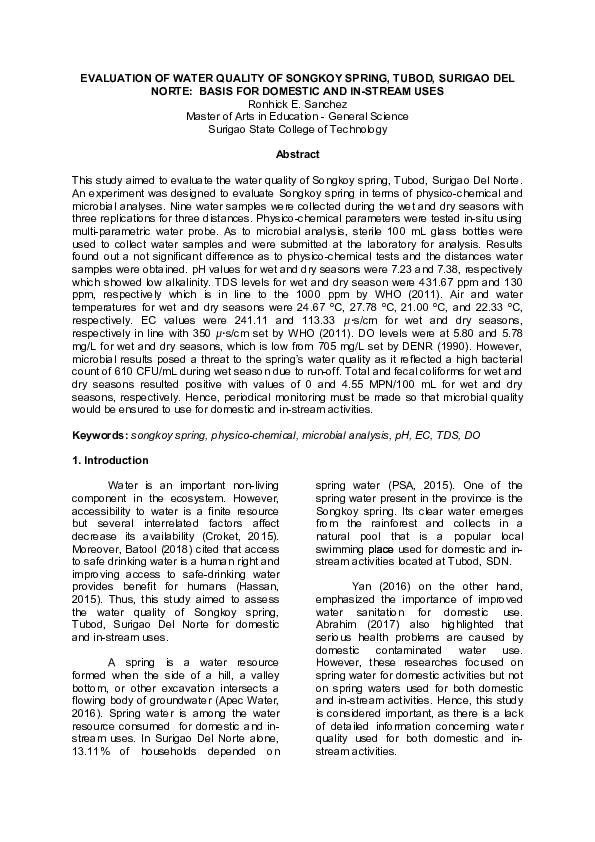 (DOC) EVALUATION OF WATER QUALITY OF SONGKOY SPRING, TUBOD, SURIGAO DEL ...