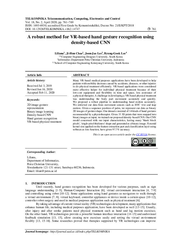Pdf A Robust Method For Vr Based Hand Gesture Recognition Using