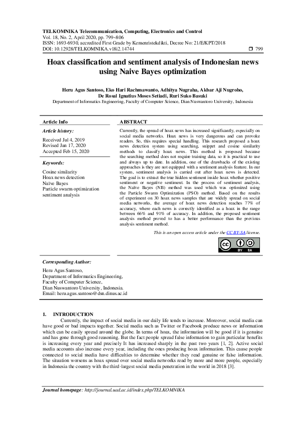 Pdf Hoax Classification And Sentiment Analysis Of Indonesian News Using Naive Bayes Optimization