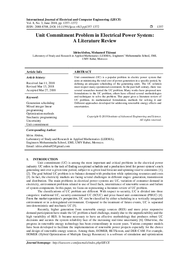 Pdf Unit Commitment Problem In Electrical Power System A Literature Review
