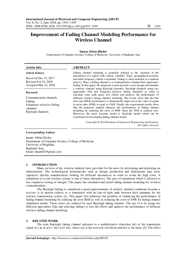 (PDF) Improvement of Fading Channel Modeling Performance for Wireless Channel